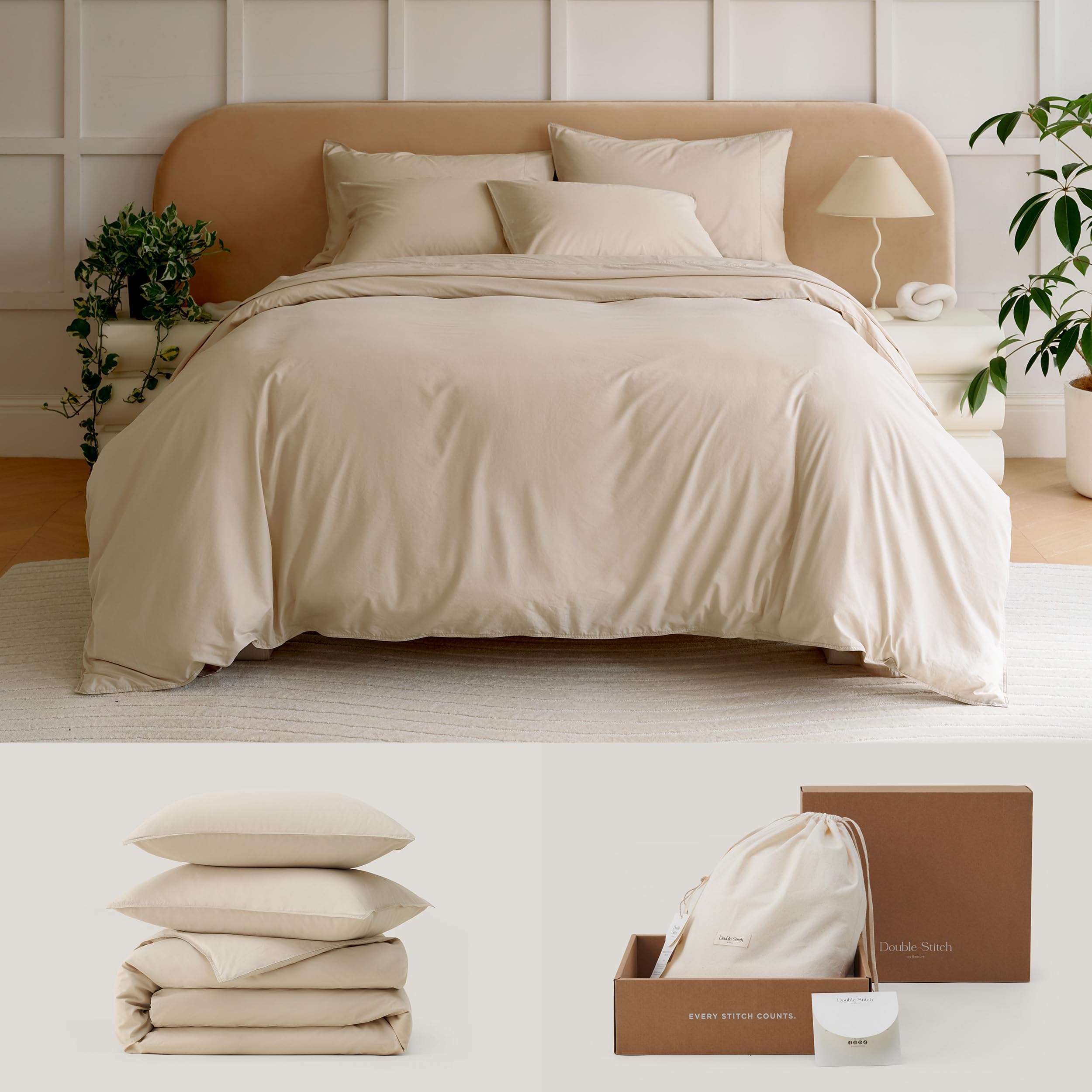 Double Stitch by Bedsure Cotton Tencel™ Lyocell Percale Duvet Cover and Fitted Sheet Bundle, 1 Cotton Tencel Lyocell Duvet Cover Set, 1 Cotton Tencel Lyocell Queen Fitted Sheet, King, Sandstone