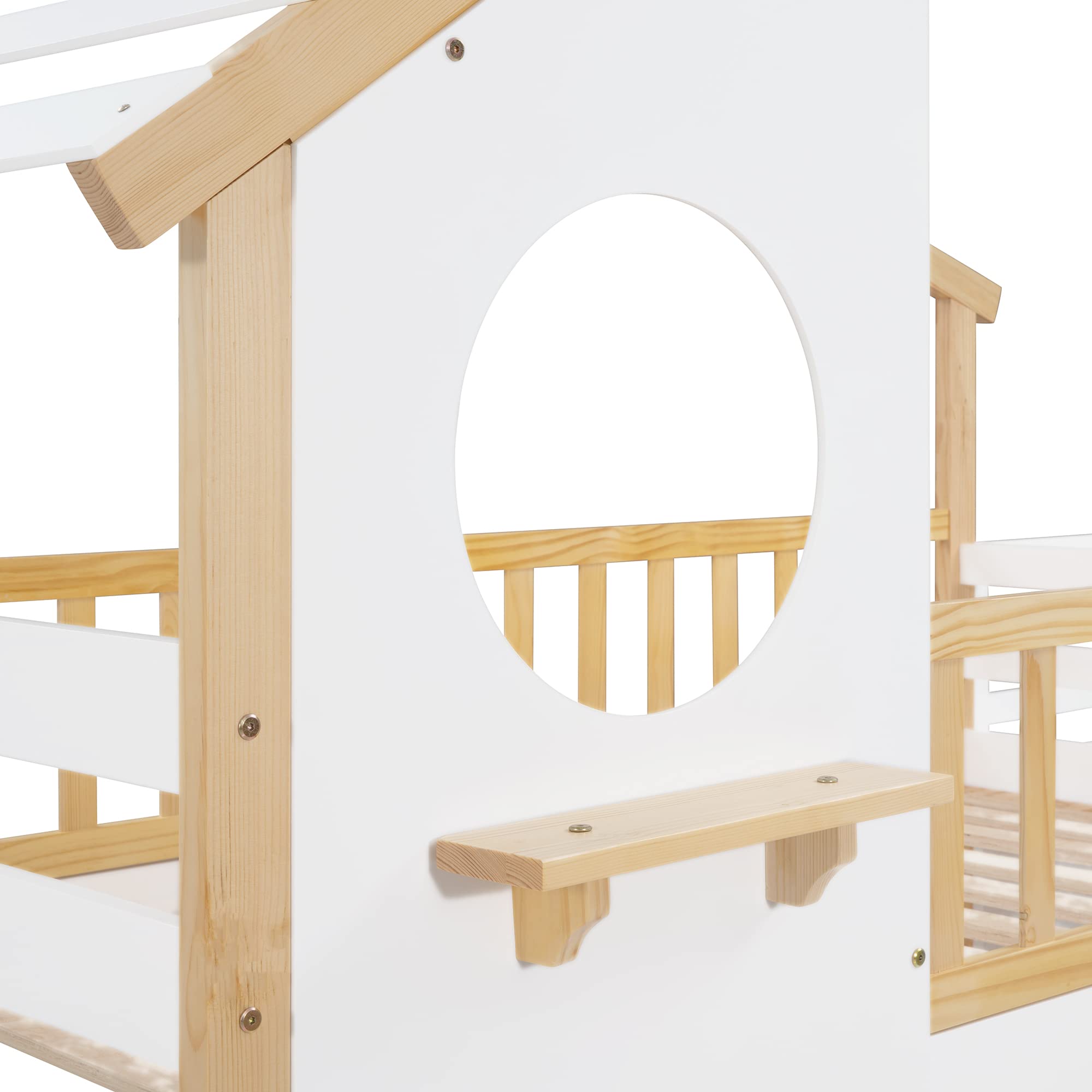 House Bed Bunk Beds with Stairs, Twin Over Twin Bunk Bed with Storage and Guard Rail, Floor Bunk Bed with Roof, Wood Bunk Bed Frame for Kids, Teens, No Box Spring Needed (Natural & White)