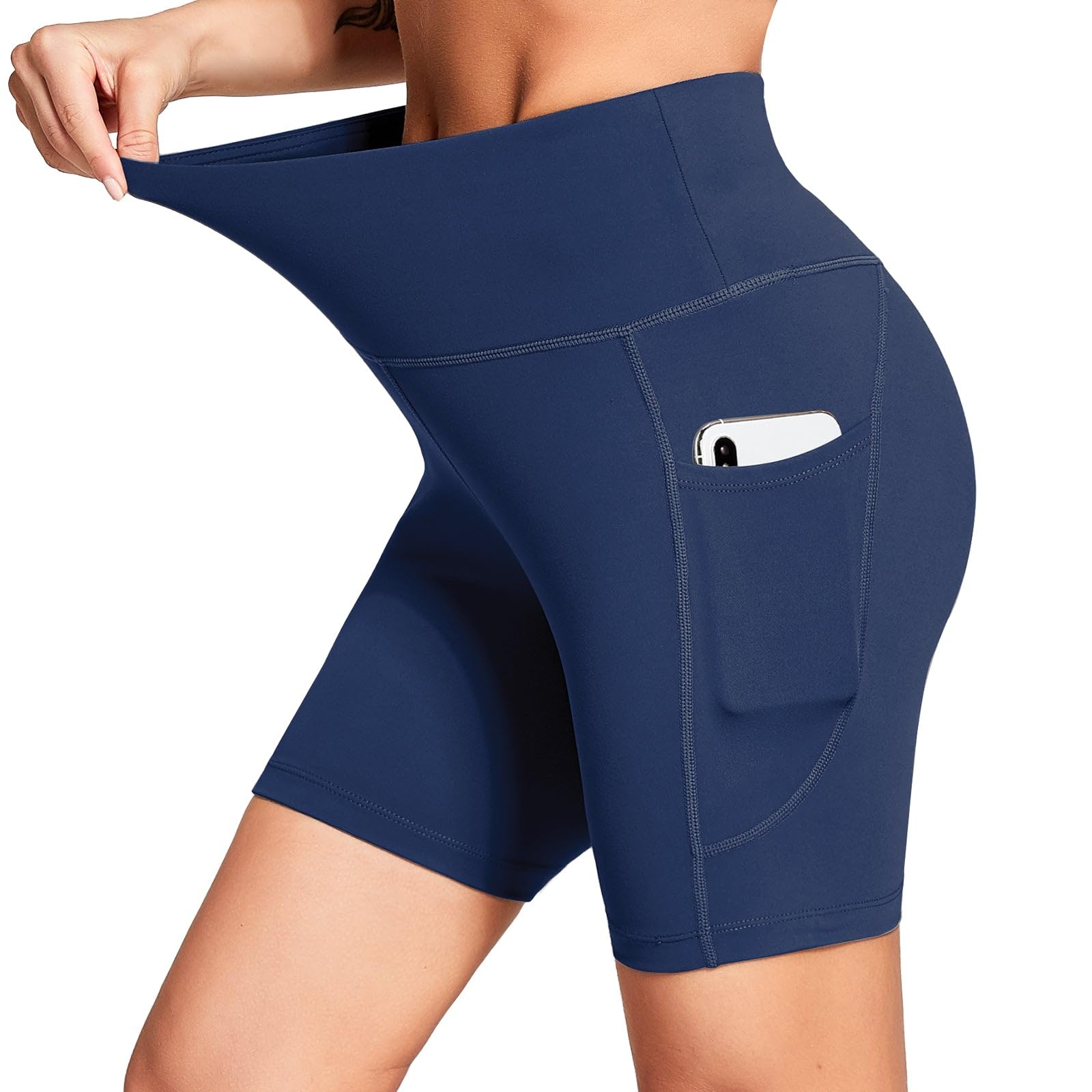 BALEAF Women's 6" High Waisted Biker Shorts Gym Workout Yoga Running Athletic Spandex Shorts with Pockets Dark Blue L