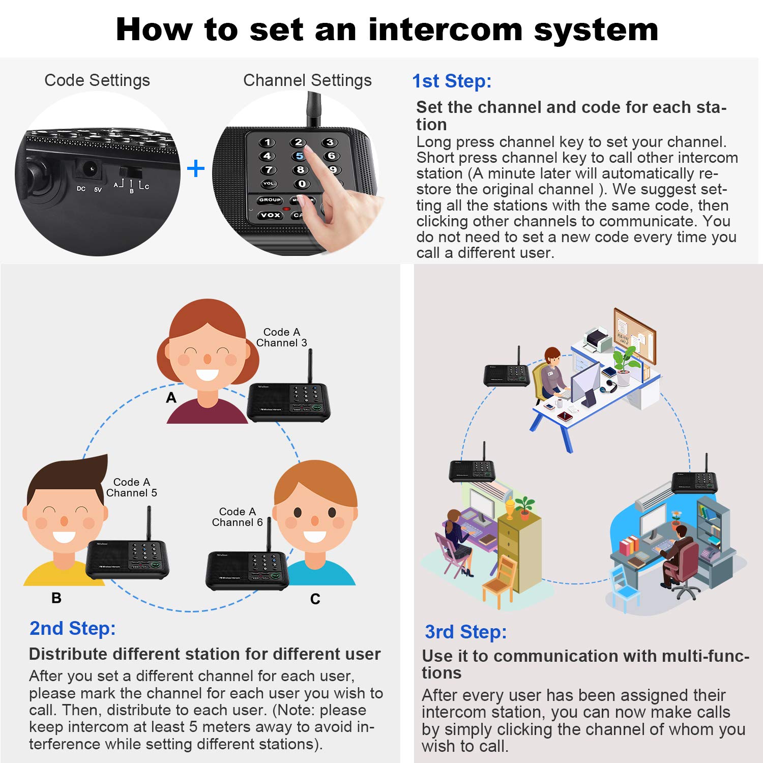 Wuloo Intercoms Wireless for Home 5280 Feet Range 10 Channel 3 Code, Wireless Intercom System for Home House Business Office, Room to Room Intercom, Home Communication System (4 Units Set, Black)