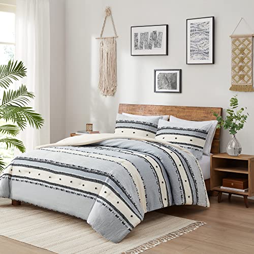 Hyde Lane Boho Blue King Comforter Set ,Modern Farmhouse Tufted Bedding Sets, Cotton Top with Neutral Rustic Style Clipped Jacquard Stripes, 3-Pieces Including Matching Pillow Shams (104x90 Inches)