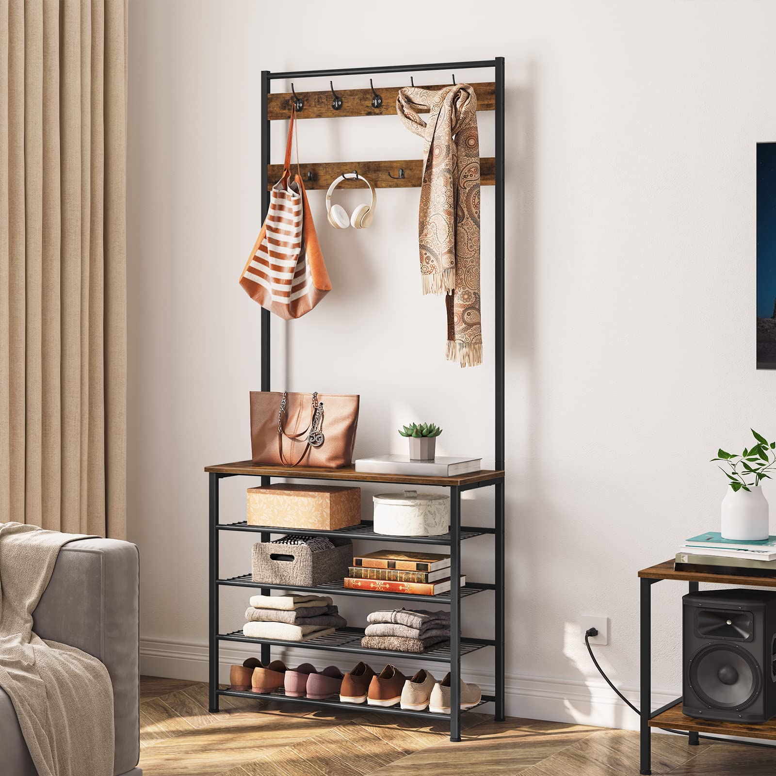 HOOBRO Hall Tree, Coat Rack with Shoe Rack, Hall Tree with Bench, 5 Tier Shoe Storage Organizer with 9 Hooks for Entryway, Closet, Sturdy, Industrial, Rustic Brown and Black BF80MT01G2