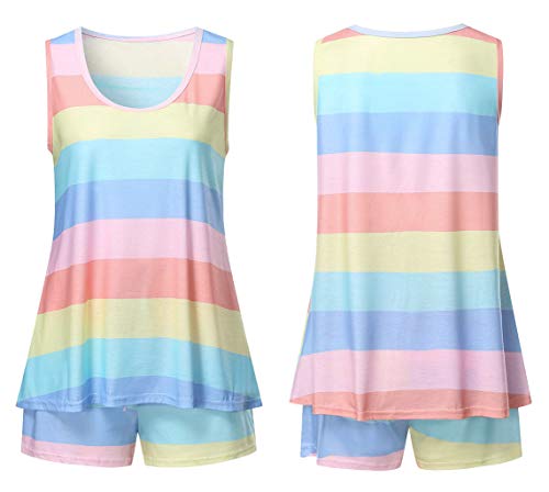 CHUNG Women's Cute Cotton Pajama Set Flamingo Print Tank Tee Shorts Sleepwear Summer (Large, Stripe Pink)