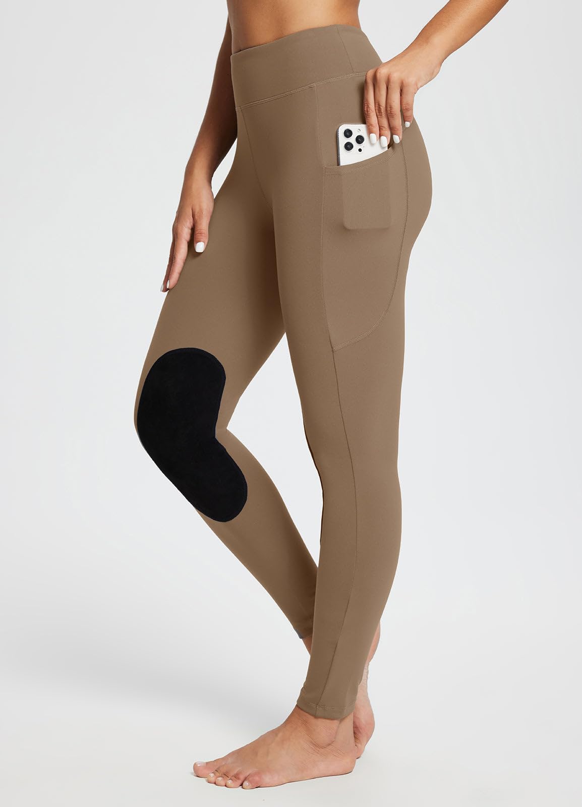 BALEAF Women's Winter Riding Pants Horse Breeches Knee-Patch Fleece Horseback Equestrian Tights Pockets Leggings Brown M