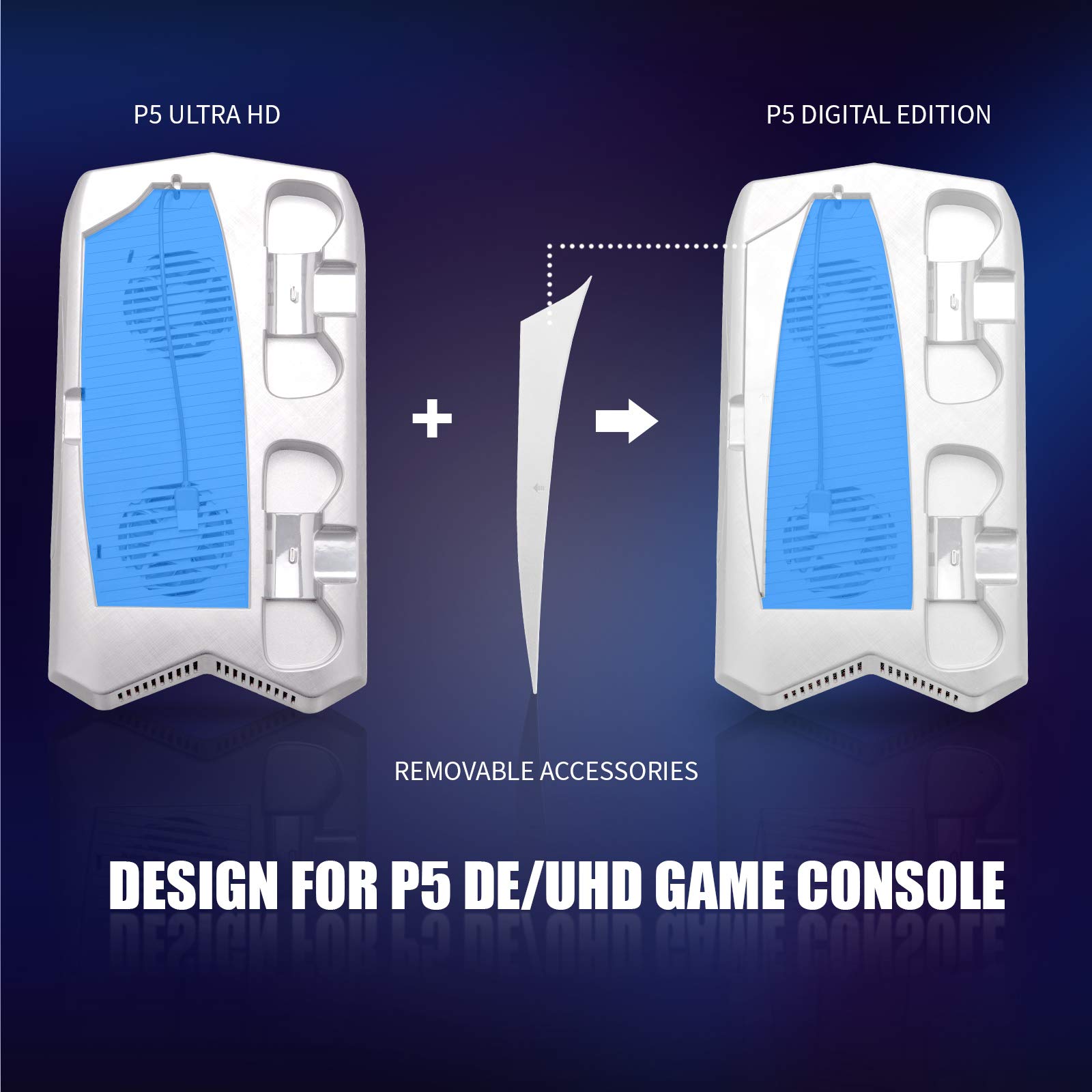 HEATFUN PlayStation 5 Charger, PS5 Stand with Cooling Fan and Controller Charger, Vertical Stand for PS5 Disc & Digital Editions, PS5 Stand with USB Ports and Game Rack - White