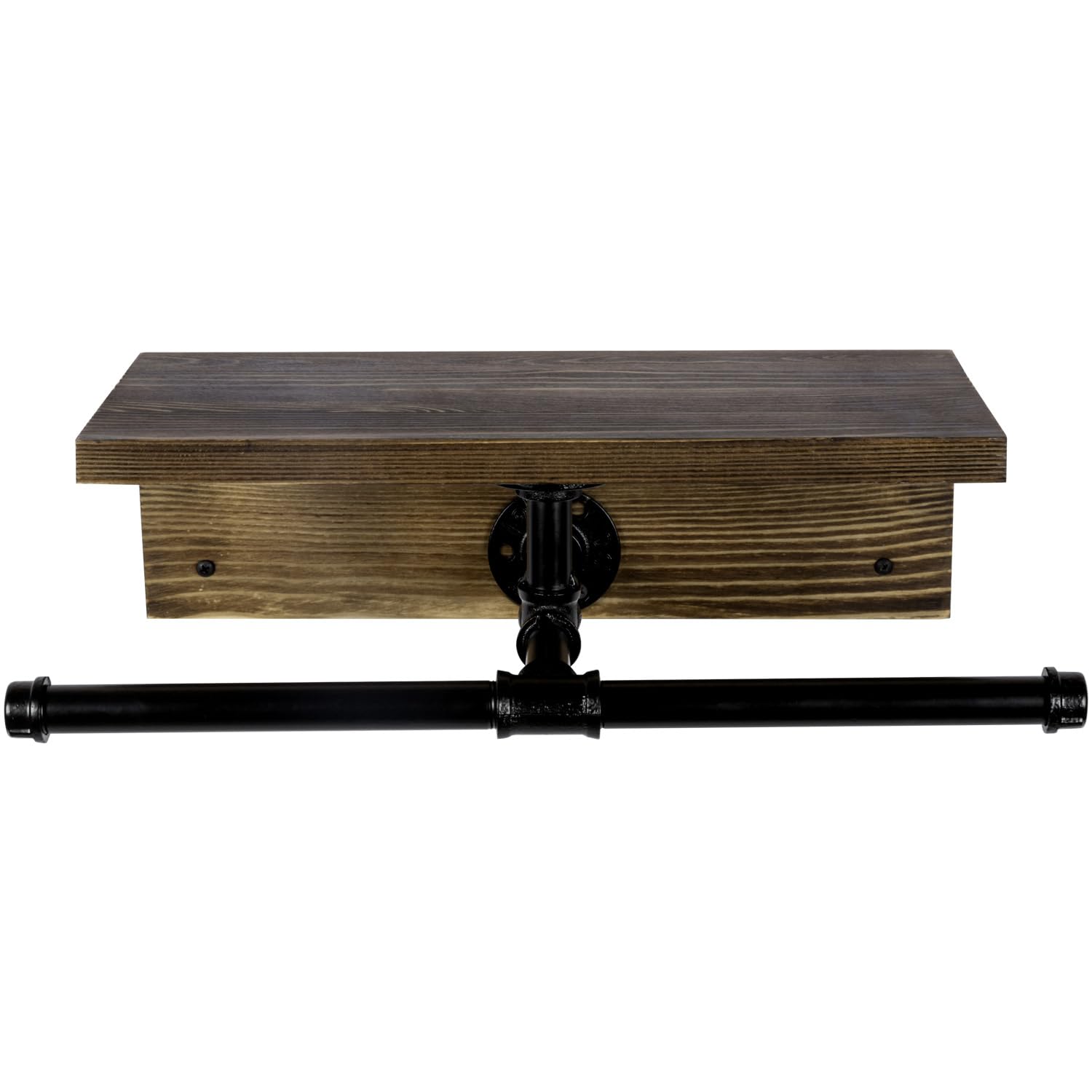 MyGift Wall Mounted Garment Rack with Top Rustic Burnt Solid Wood Shelf, Industrial Matte Black Metal Pipe Storage Clothing Hanger Rod and Display Shelf