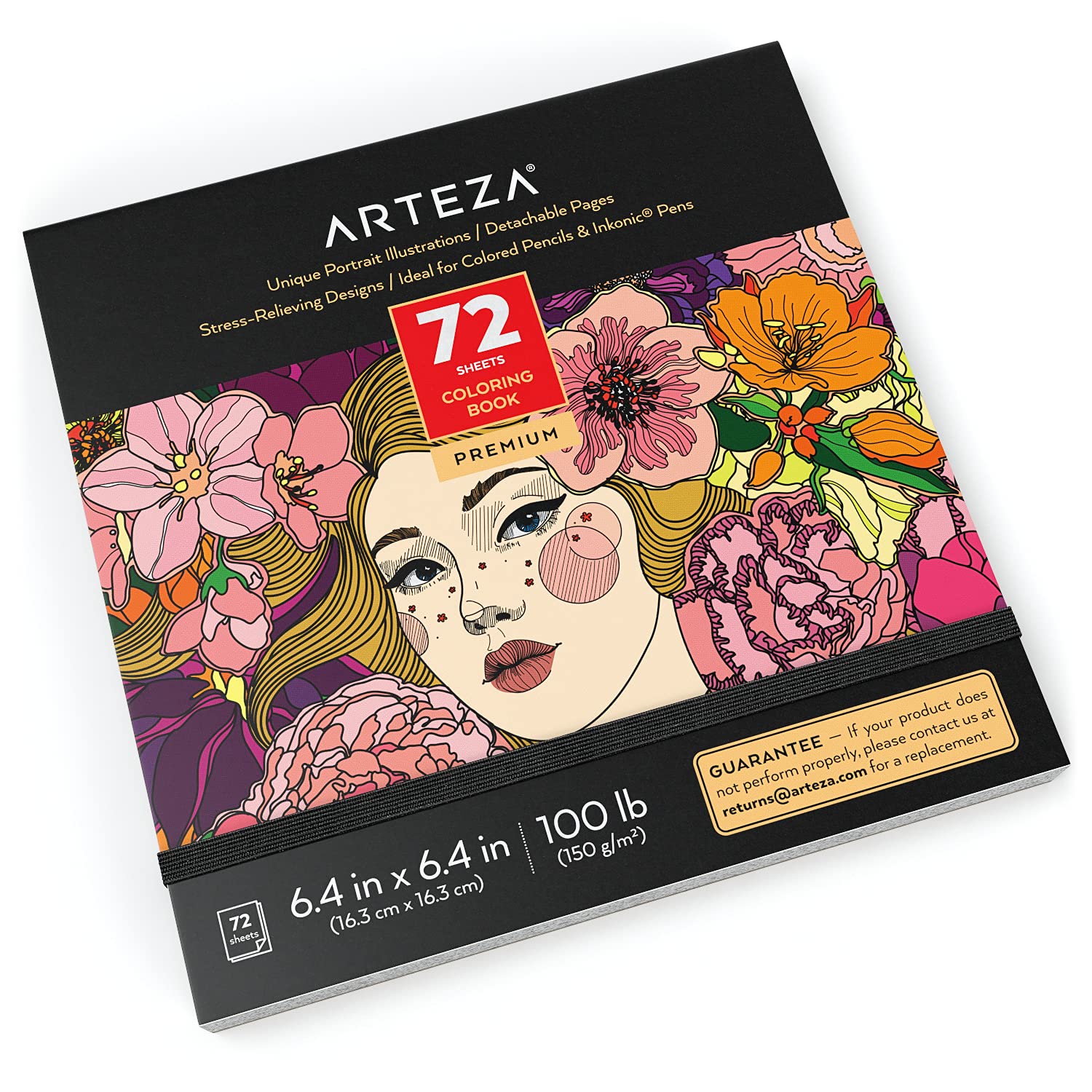 ARTEZA Adult Coloring Book, Portrait Illustrations, 72 Sheets, 6.4x6.4 Inches Coloring Pages, 100 lb Paper