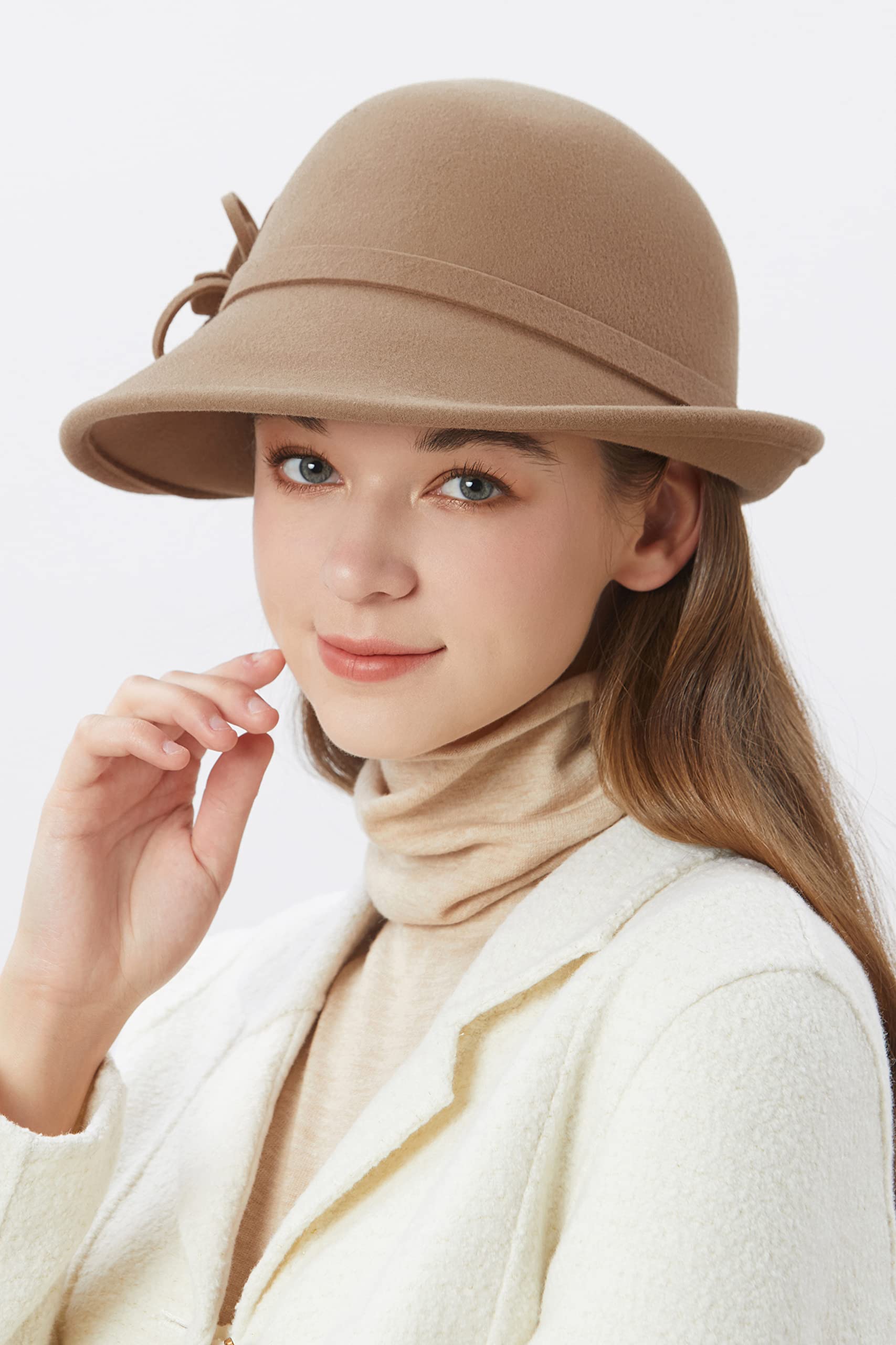BABEYOND Womens 1920s Bucket Hat Winter Wool Crushable Bowler Hat Vintage Cloche Round Hat with Floral Accent (Camel)