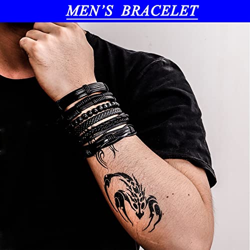 MILAKOO 6 Pcs Black Braided Leather Bracelets for Men Women Cuff Wrap Wristbands