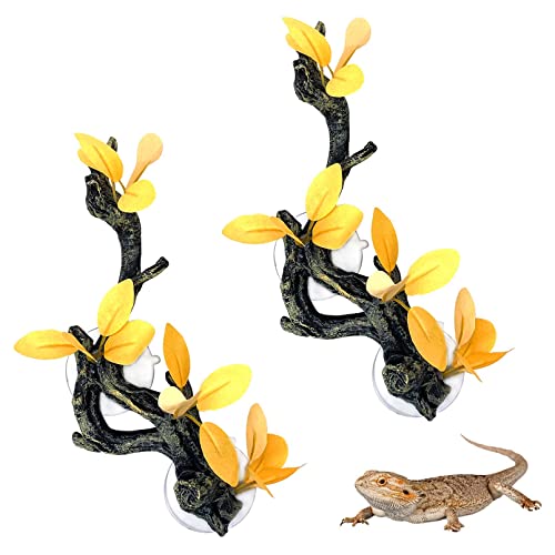 kathson Reptile Corner Branch, Lizard Climb Branches Decor Terrarium Plant Decoration with Suction Cup Reptile Tank Plant Ornament for Bearded Dragons Gecko Snake Spider Frog Climbing (Yellow)