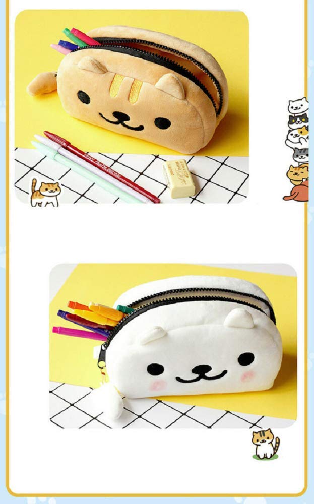 GK-O Cute Cat Plush Pencil Case Pen Bag Cartoon Make Up Cosmetic Bag (White Yellow)