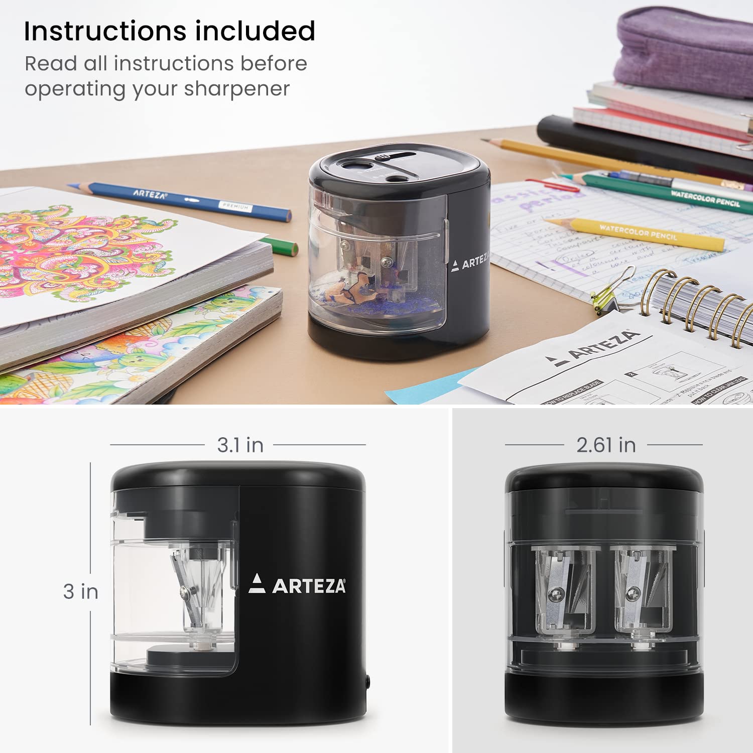Arteza Electric Pencil Sharpener, Black, Dual-Hole, Fits 6β12-mm Pencils, Auto-Stop, Office Supplies for Teachers, Students, Classrooms, and Art Studios