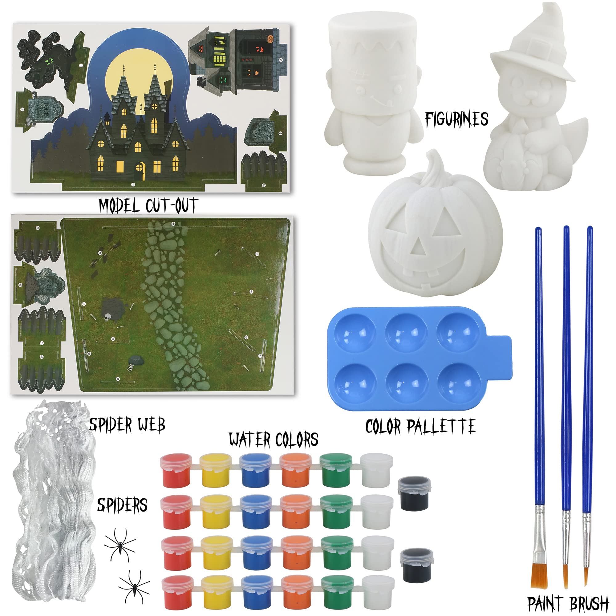 BRASS TACKS KITS FOR CRAFTY KIDS Kid Painting Halloween Craft Puzzle, with 3 Figurines, Paint, Brushes, Background, Spiders, Webs, and Flickering Light