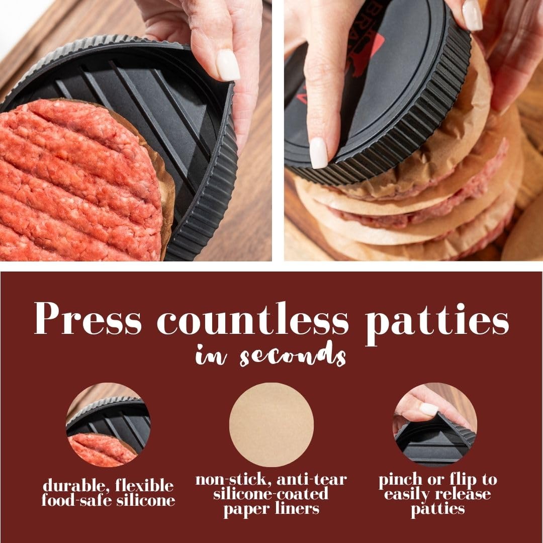 BRAVADIN Hamburger Press Patty Maker 1/3 lb with 100 Papers for 4.5-6" Patties, Non Stick Silicone Burger Mold, Versatile Grill Burger Shaper