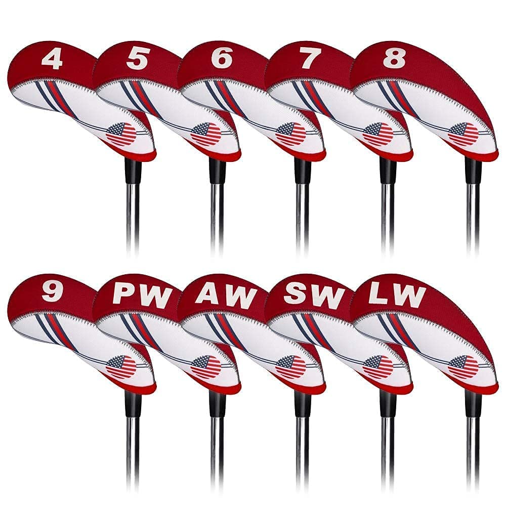 BIG TEETH Golf Iron Head Covers 10Pcs Neoprene USA Flag Golf Club Protector Multi Color Golf Club Protector (Red)