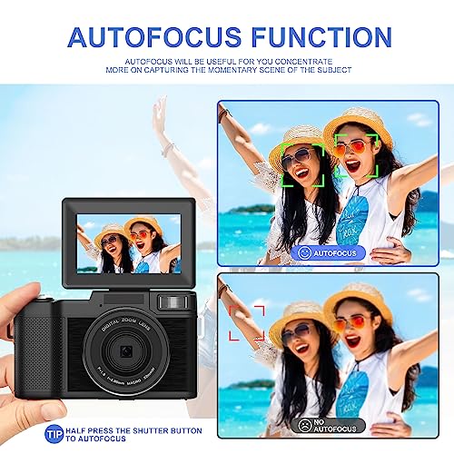 Kmnuiey Camera, 4K Digital Camera for Photography with 3'' 180°Flip Screen, Autofocus 48MP Video Cameras for YouTube with 16X Digital Zoom, 2 Batteries and Charging Cable for Travel