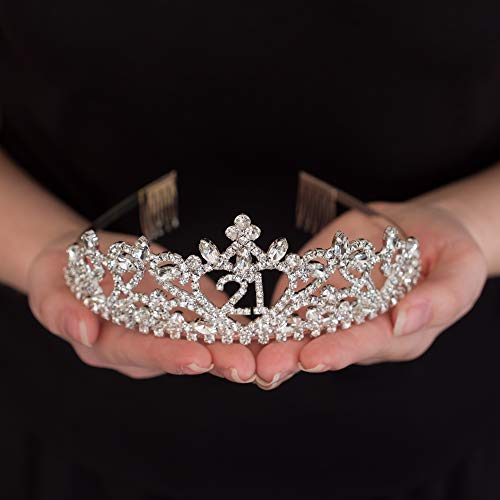 Ella Celebration 21st Birthday Tiara 21 Crown for Women Birthday Party Headband Hair Accessories Supplies (Silver Heart)