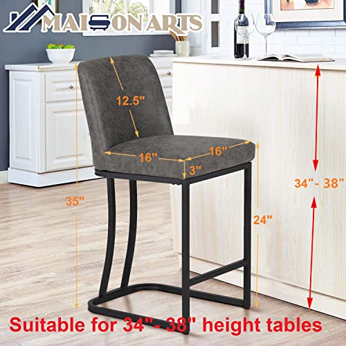 MAISON ARTS Counter Height 24" Bar Stools Set of 3 with Back for Kitchen Counter Modern Upholstered Barstools Faux Leather Farmhouse Bar Chairs Island Stools Support 330LBS, 24 Inch, Grey+Black Frame