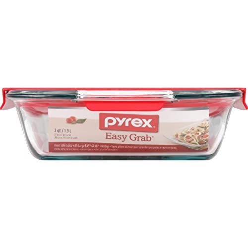 Pyrex Easy Grab 2-Qt Glass Baking Dish with Lid, Tempered Glass Baking Dish with Large Handles, Non-Toxic, BPA-Free Lid, Dishwashwer, Microwave, Freezer and Pre-Heated Oven Safe