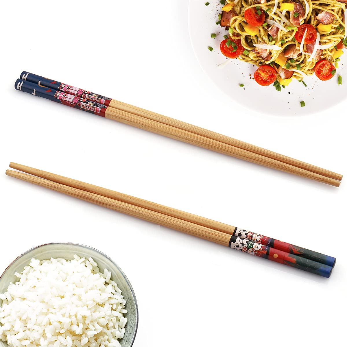 GLAMFIELDS 10Pairs Handmade Natural Bamboo Chopsticks Healthy Asian Japanese Korean Noodles Sushi Chopsticks set Reusable Gift Tableware-Cute Cat Drawing