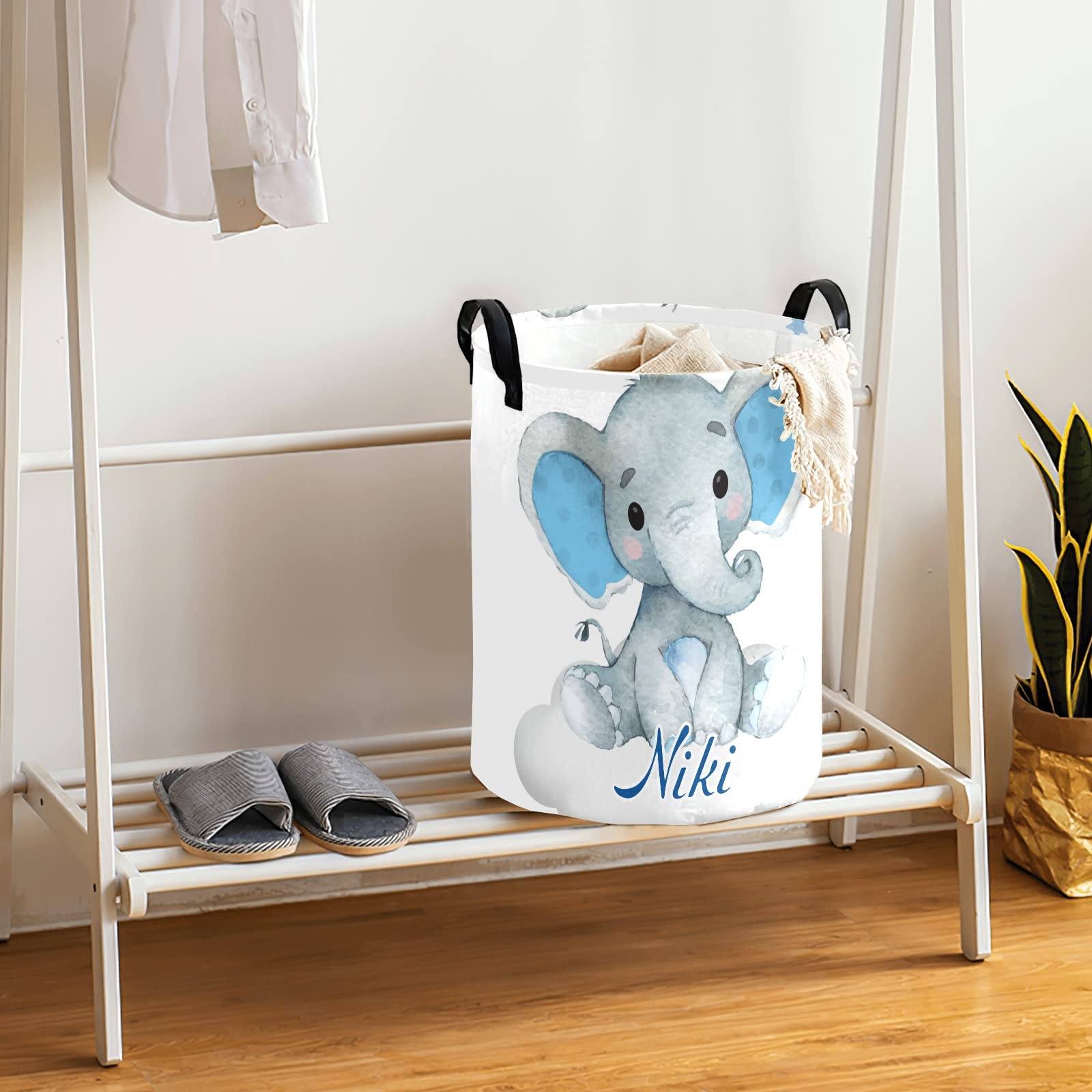 BigBigift Baby Elephant Blue Stras Laundry Hamper Personalized with Name Canvas Waterproof Storage Bin with Handle for Kids Nursery Hamper Gift Baskets Home Organizer, 19.6x14 inch (HxD)