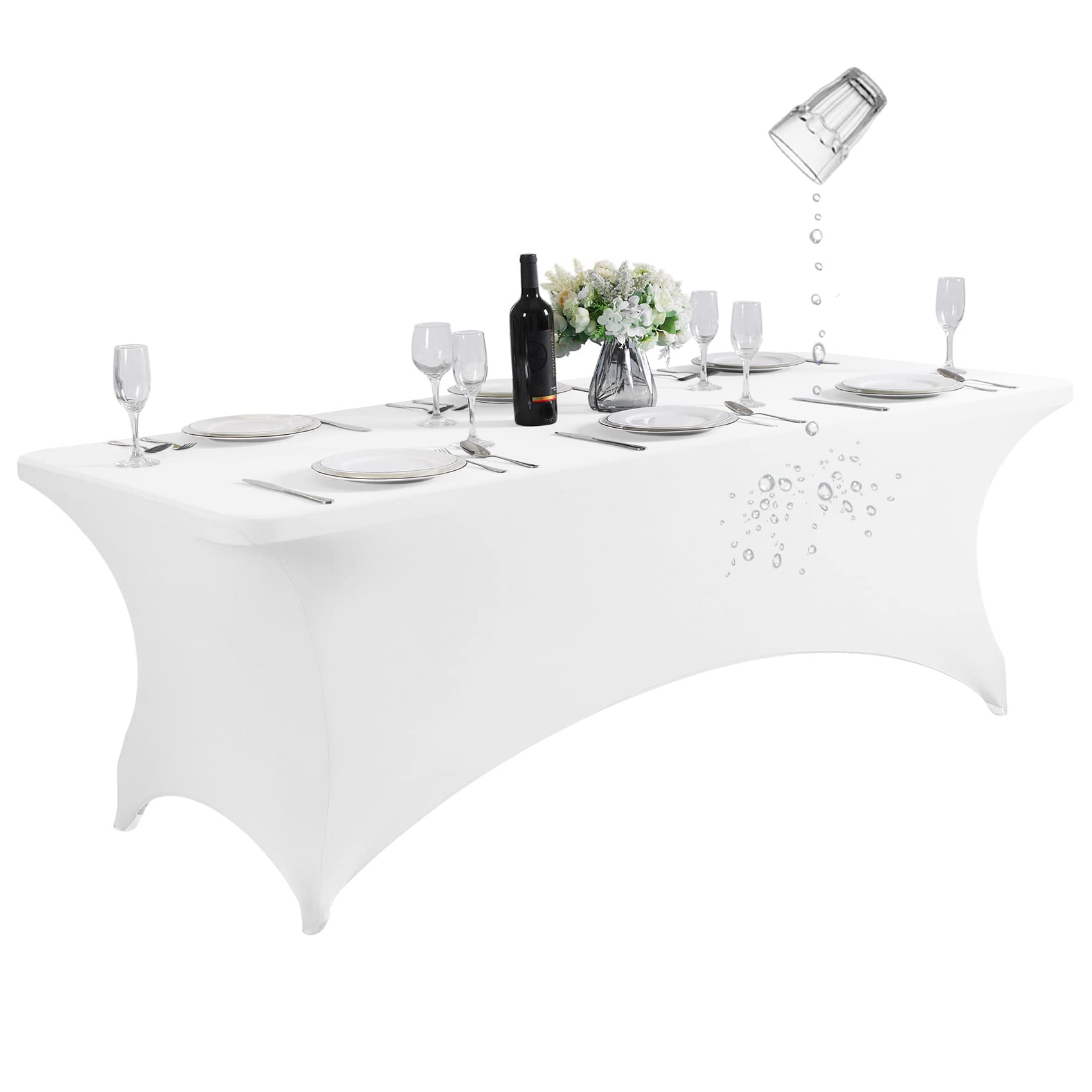 SUPERO Waterproof Spandex Table Cover for 8FT Table Universal Fitted Stretch Tablecloth for Party, Banquet, Wedding and Events-White