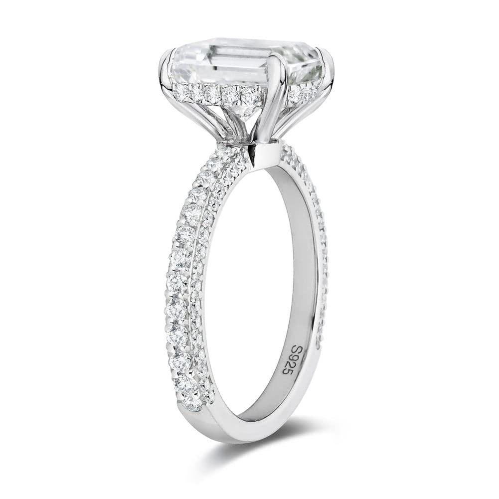 Bo.Dream 3 Carat Emerald Cut Cubic Zirconia CZ Engagement Rings For Women Platinum Plated Sterling Silver Size 6.5