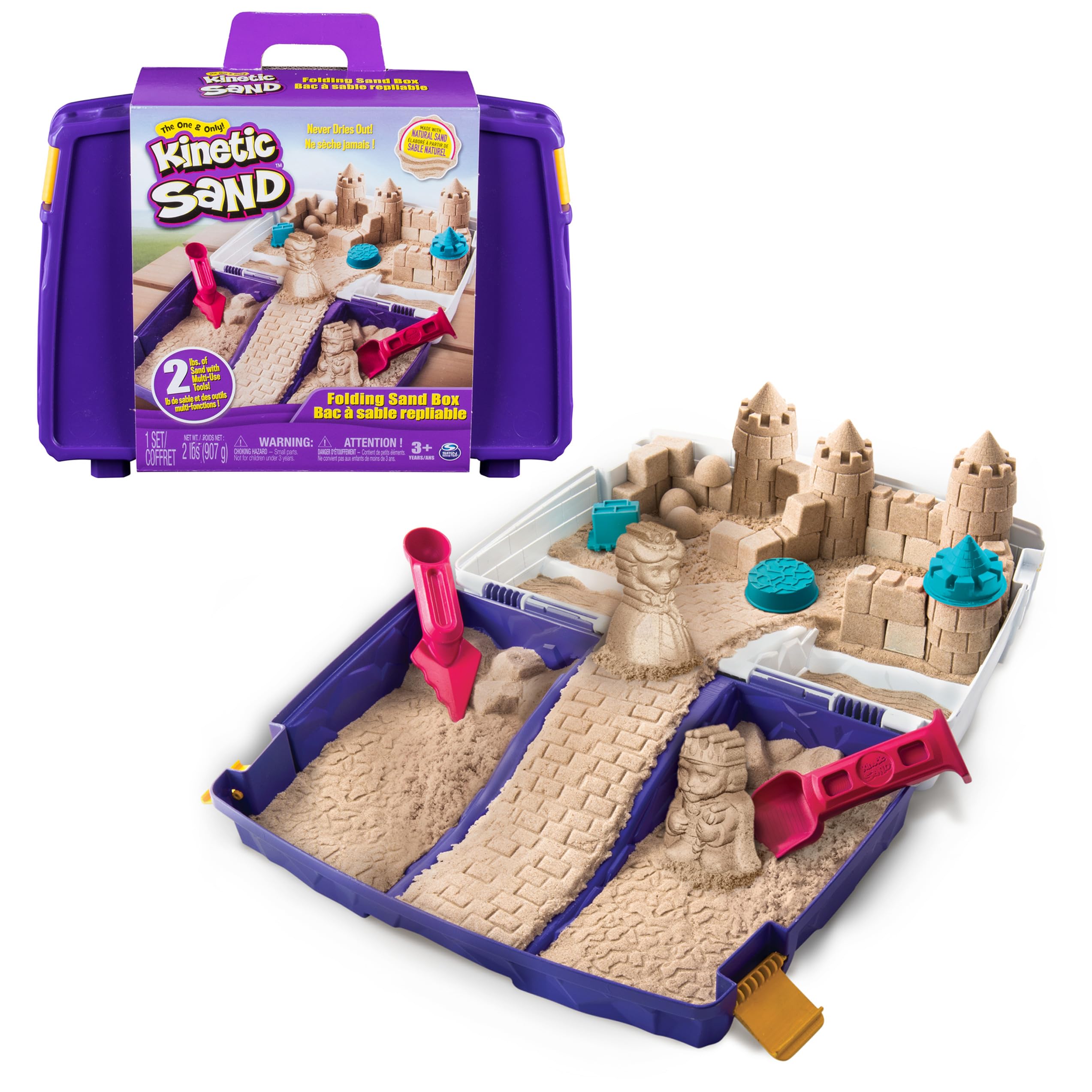 Kinetic Sand, Folding Sand Box with 2lbs of All-Natural Kinetic Sand, 7 Molds and Tools, Play Sand Sensory Toys for Kids Ages 3 and up