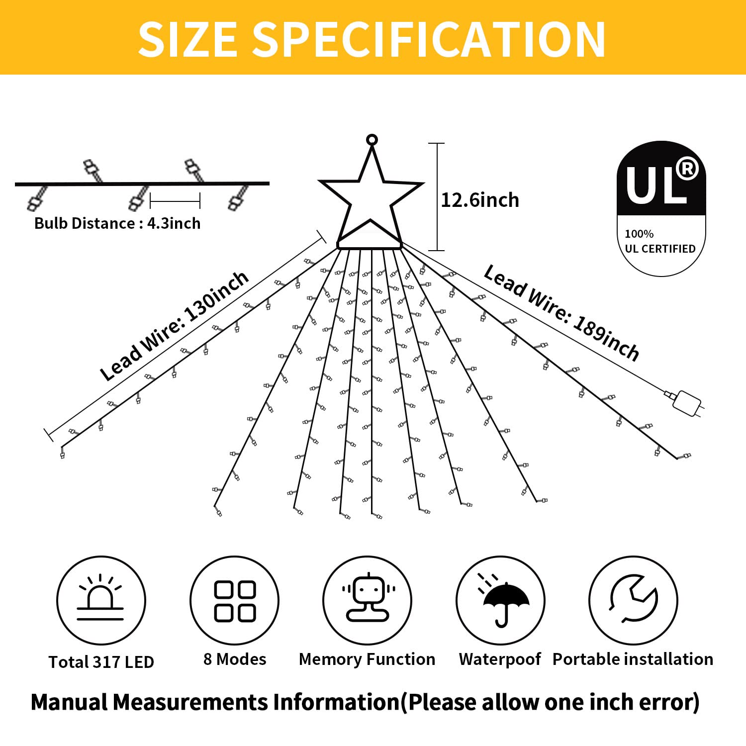 HENHUI ChristmasDecorations Outdoor Star Lights,16.4Ft Christmas Tree Toppers String Lights 320 LED 8 Memory Modes Timer with 14" Lighted Star for Valentine Christmas Holiday Birthday Festival