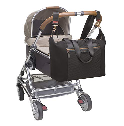 Stevie Luxe Scuba Black Modern Style Baby Diaper Bag by Storksak | Water-Resistant, Large Capacity Multi-Functional Bag with Smooth Leather Trim and Rose Gold Hardware | Shoulder and Stroller Straps
