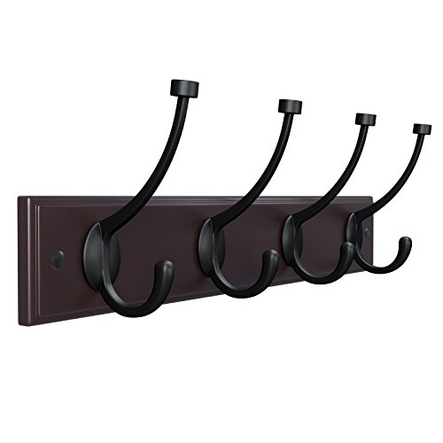 SONGMICS Wooden Wall Mounted Coat Rack 16 Inch Rail with 4 Metal Hooks for Entryway Bathroom Closet Room Dark Brown