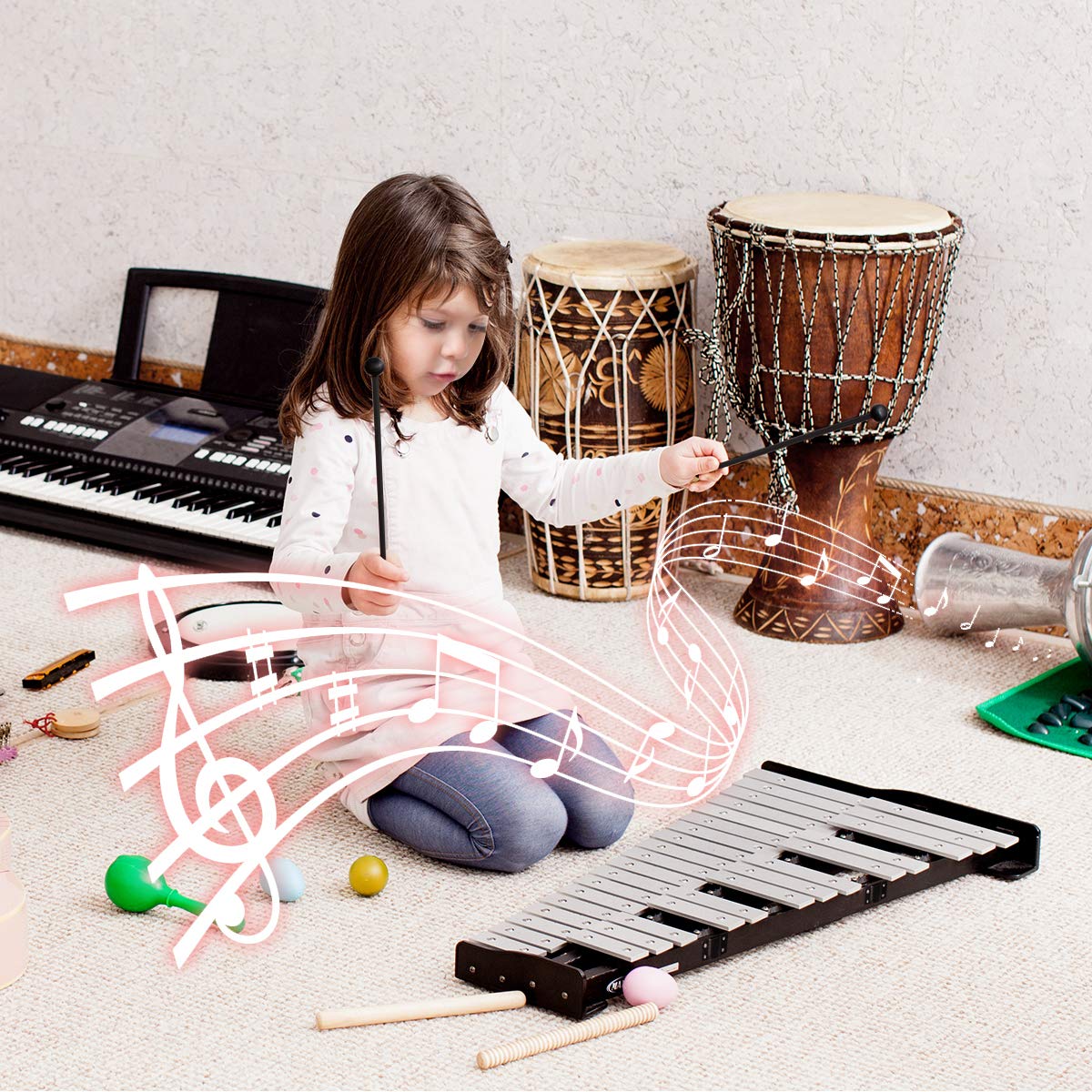 Giantex Percussion Glockenspiel Bell Kit 30 Notes, Xylophone with Adjustable Height Frame, Music Stand, 8" Practice Pad, Bell Mallets, Drumsticks, Carrying Bag, for School Band Beginner Student