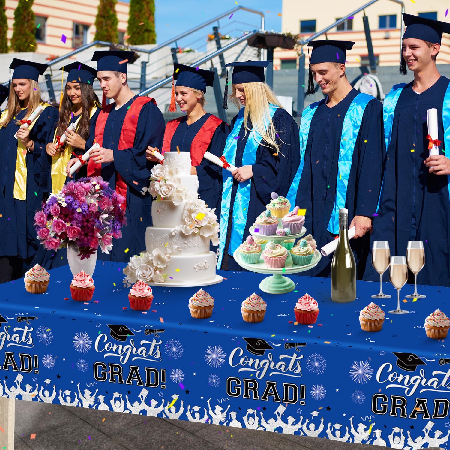 JVORFDG Graduation Party Decorations 2024 Congrats Grad Table Cover for Graduations Party Supplies 3pcs Blue Tablecloth 54 x 108 Inch