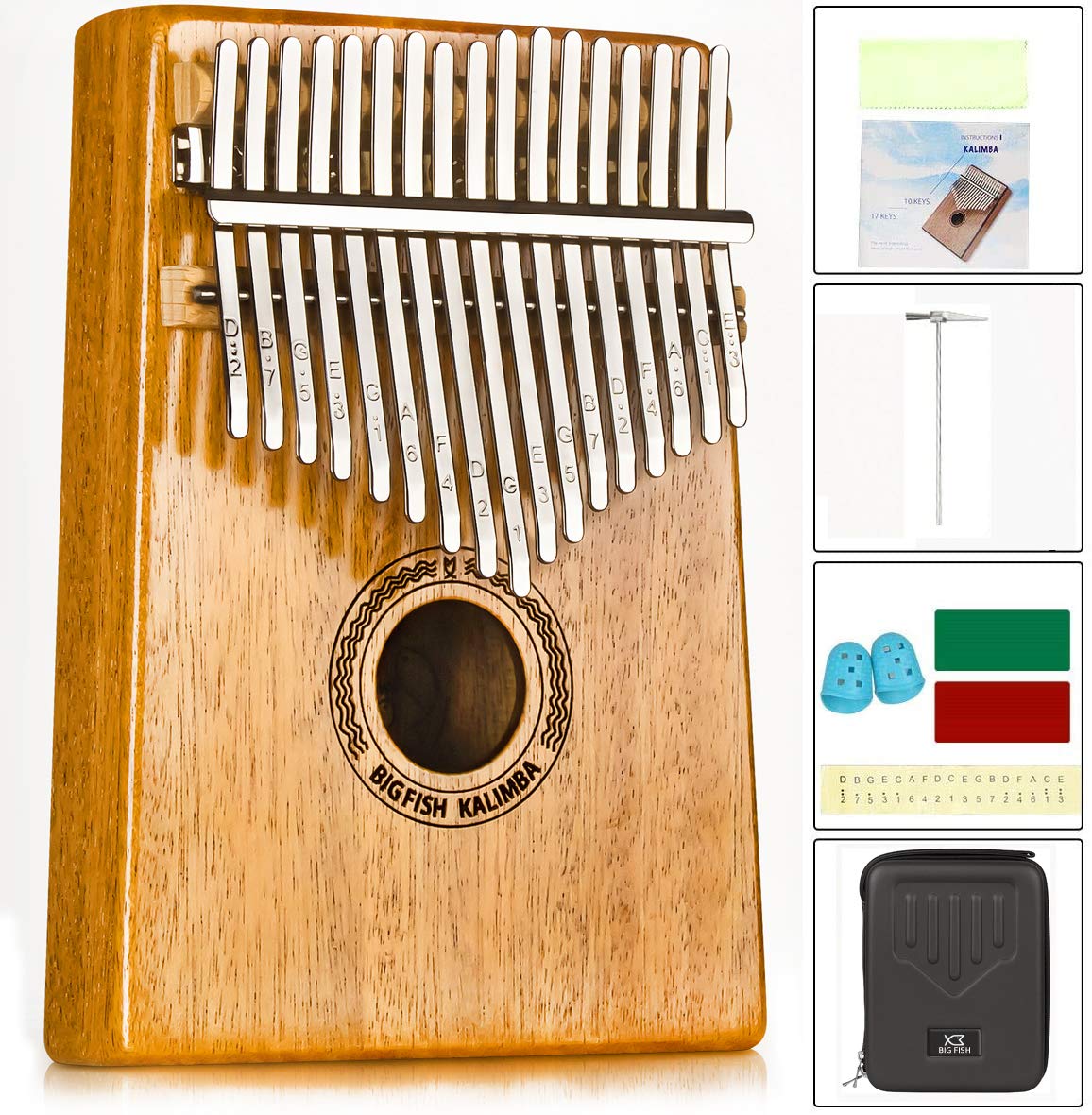 BIGFISH Kalimba thumb piano 17 keys, Solid Wood Board Professional Kalimba, Portable Mbira Finger Piano w/Protective Case, Fast to Learn Songbook, Tuning Hammer, All in One Kit (Mahogany)