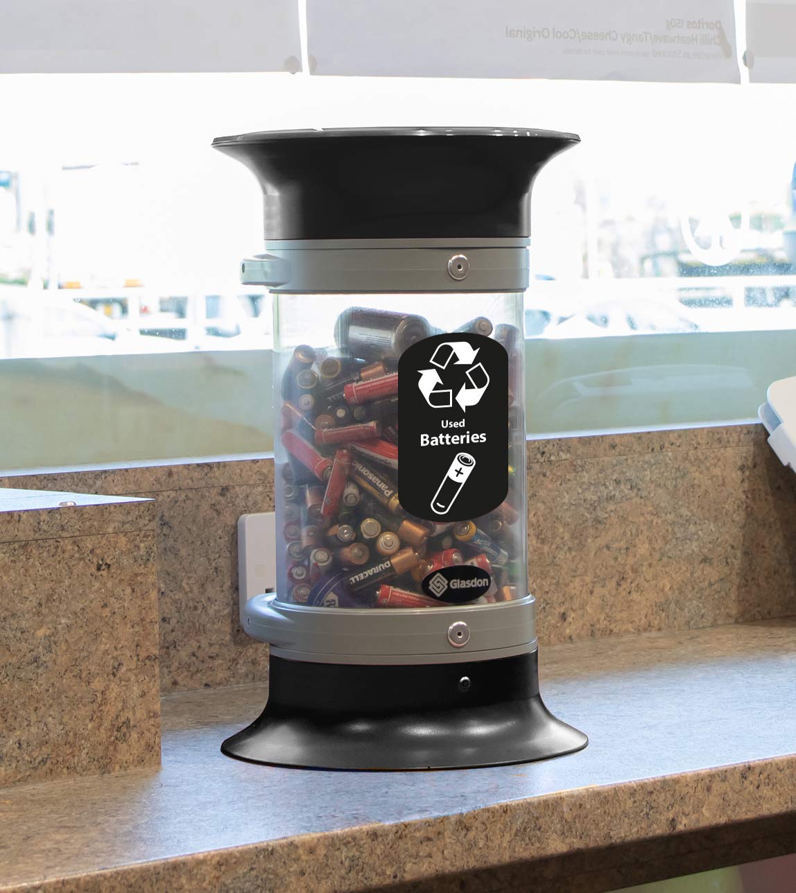 Glasdon C-Thru 5Q Battery Recycling Tube (Black) β Small Battery Recycling Bin β Compact 5Q Transparent Battery Collection Tube β Standard/Recycle Across America Decals (Standard Battery Decal)