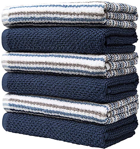 Kitchen Towels 16βx 26β- 6 Pack | Large Cotton Kitchen Hand Towels | Dish Towels | Popcorn Stripe Design | 400 GSM Highly Absorbent Tea Towels Set with Hanging Loop | Dish Towels for Kitchen | Blue