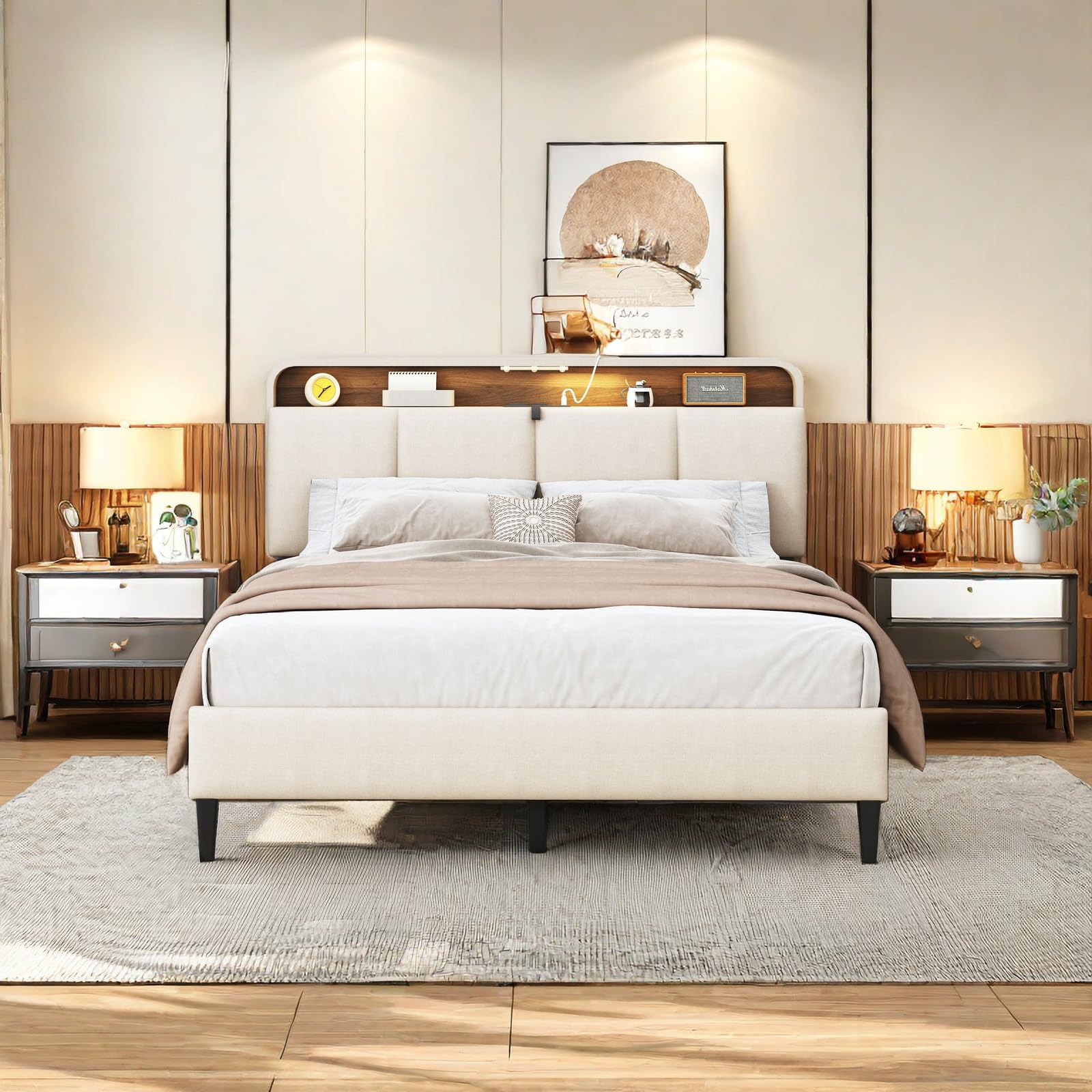 ChicFurnit Full Size Upholstered Platform Bed with Storage Headboard, Sensor Light and a Set of Sockets and USB Ports, Linen Fabric, Beige
