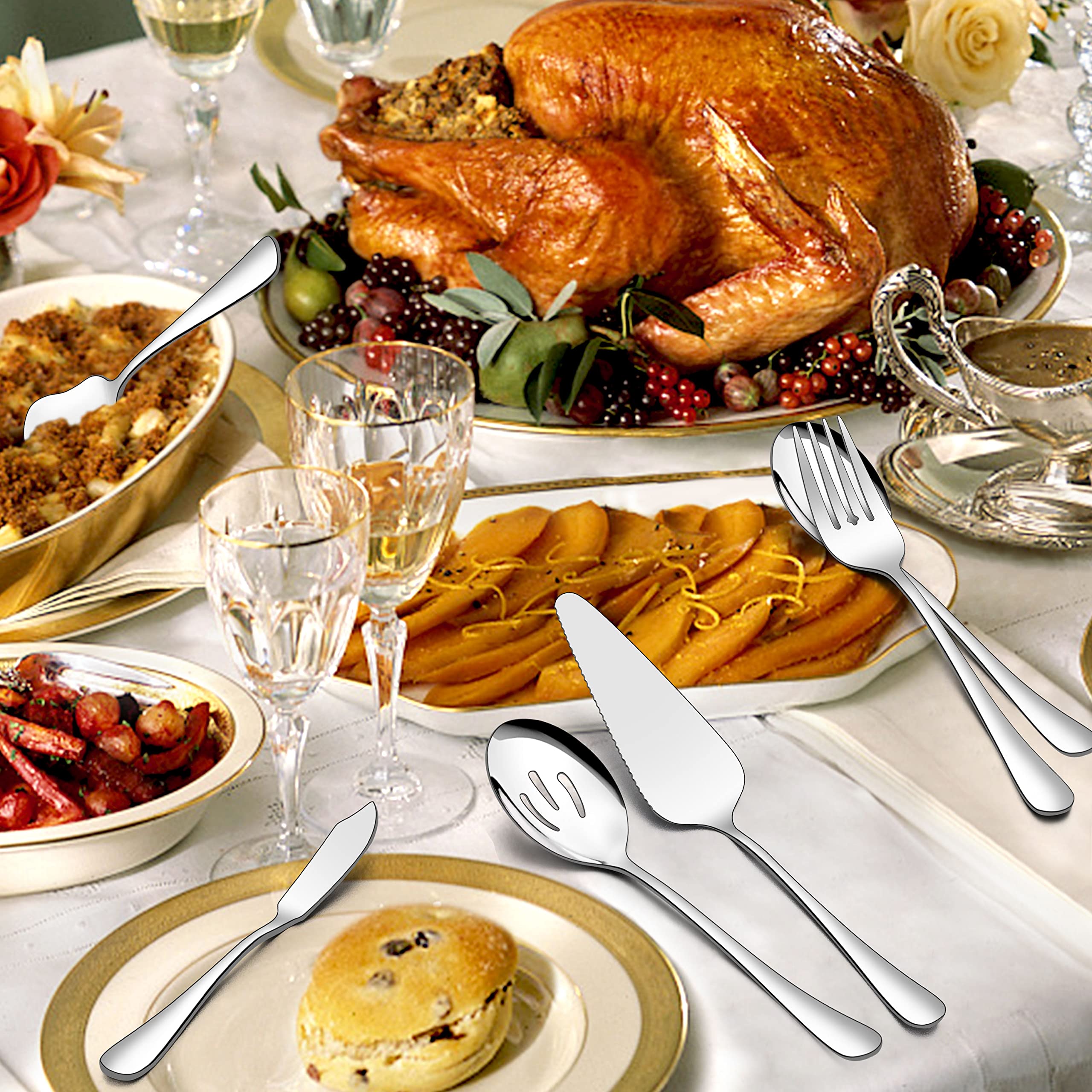 Homikit 6 Pieces Serving Utensils, Stainless Steel Serving Hostess Set, Metal Serving Silverware with Serving Spoons Fork, Pie Server, Butter Knife, Ice Cream Spoon, Mirror Polished, Dishwasher Safe