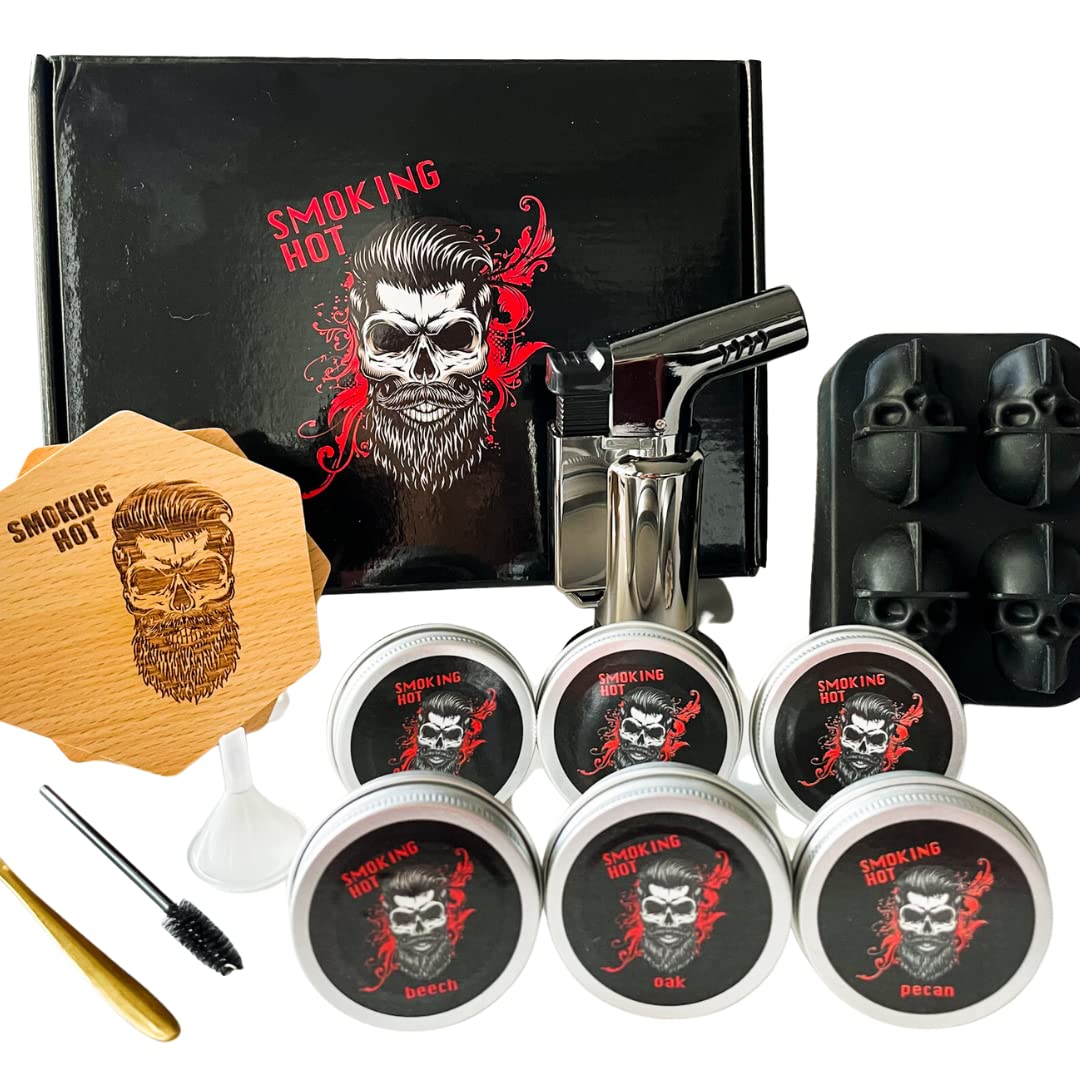 Bourbon-Old Fashioned Smoker with torch, 6 wood chips flavors, skull ice mold, e-book with 10 recipes, tea spoon and brush, in stylish box ready to gift. (Cocktail smoker kit - No butane)
