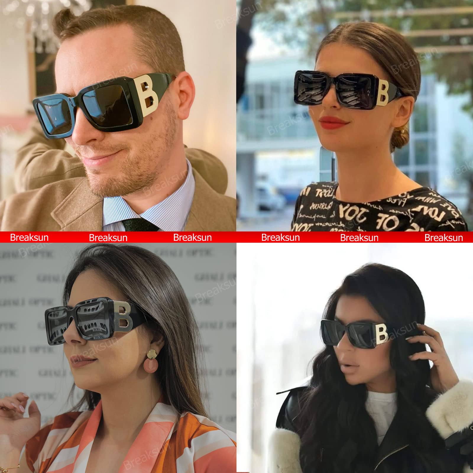 Breaksun Fashion Big Square Sunglasses for Women Men Classic Black Luxury Designer Sun Glasses Thick Frame Gradient Tint (Black/Grey/Gold Character)