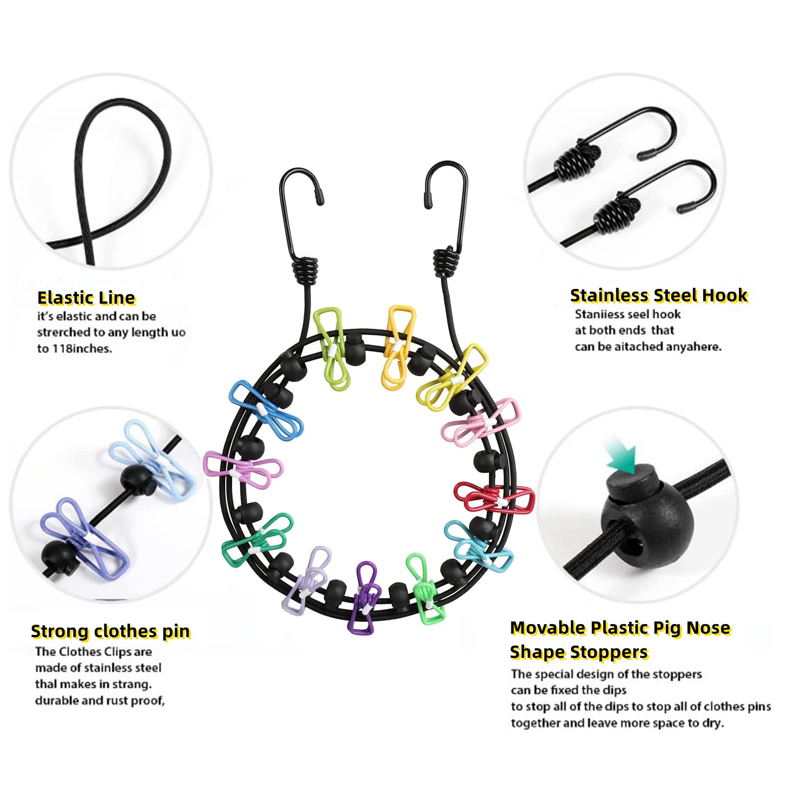 Clothesline,Retractable Portable Clothesline for Travel,Clothing line with 12 Clothes Clips,for Indoor and Outdoor Laundry Drying line,Outdoor Camping Accessories