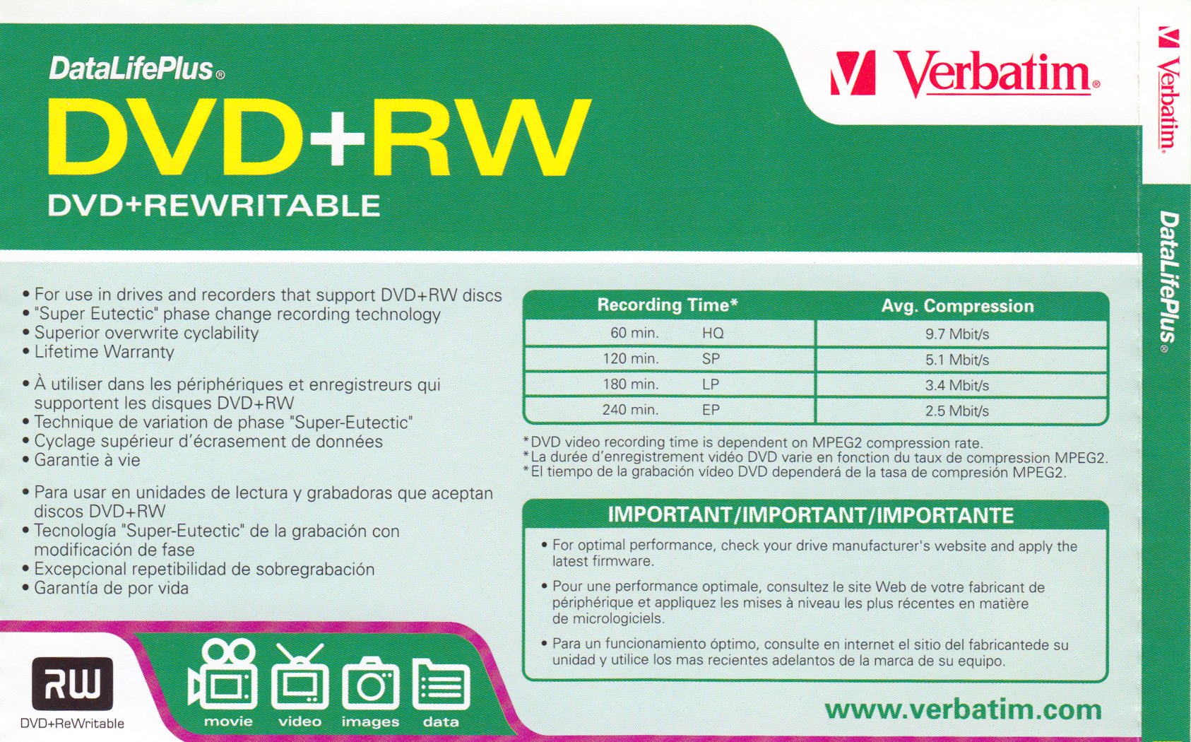 Verbatim 94825 4.7GB 120 Minutes 1x- 4x ReWritable Disc DVD+RW, 10 Disc Pack in Tall/DVD Case