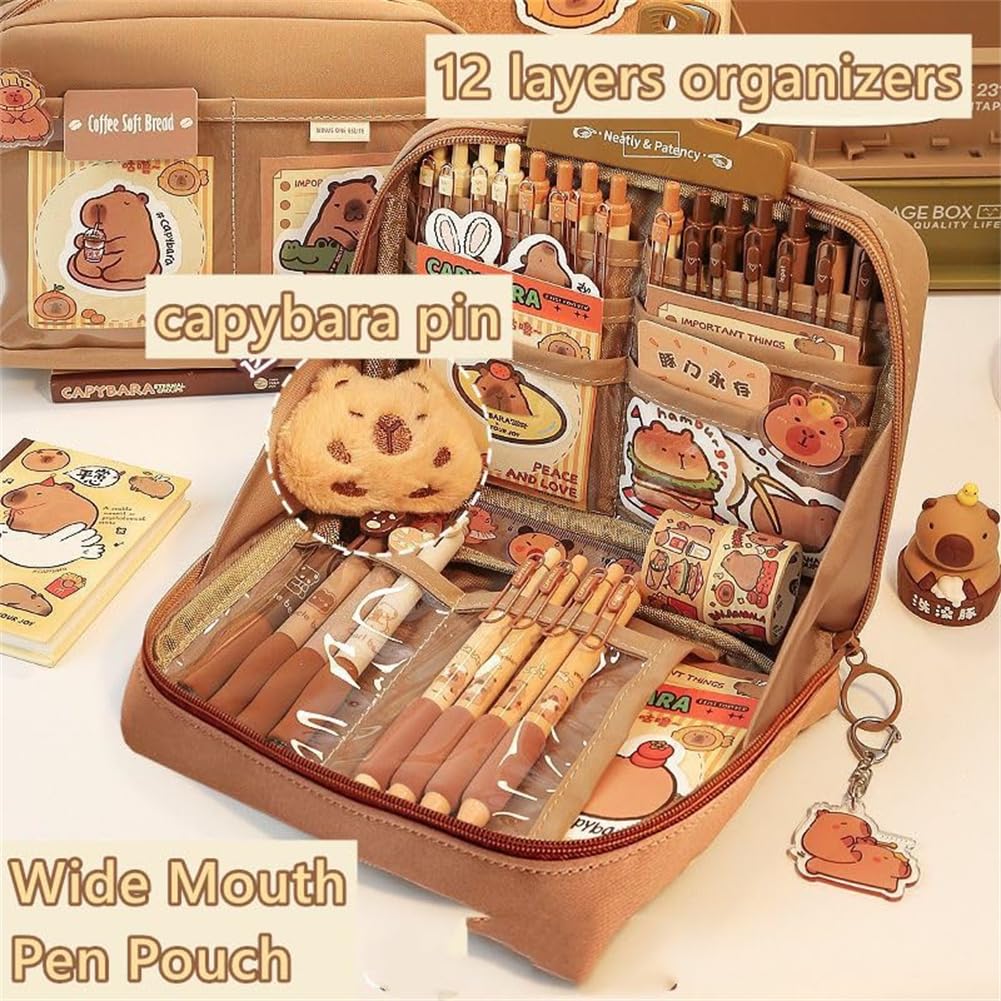 Capybara Pencil Case, Cute Capybara Pencil Case with 12 Compartments, Large Capacity Kawaii Pencil Case, 90° Wide Opening Mouth Pencil Pouch (Brown)