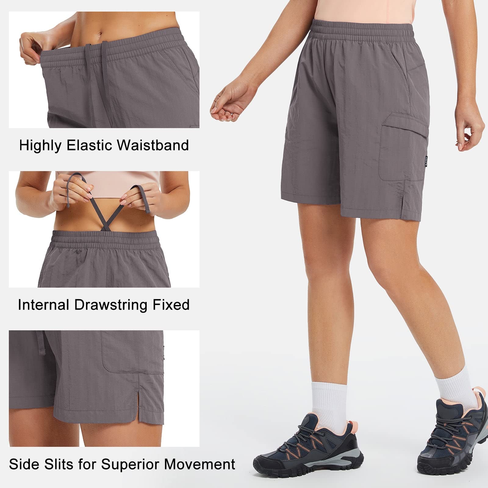 BALEAF Womens 7" Hiking Shorts with Zipper Pockets Summer Quick Dry Nylon Lightweight Baggy Shorts for Thick Thighs Black L