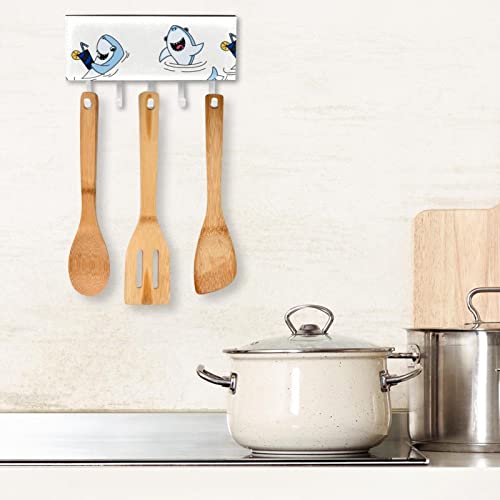Cute Swim Ring Shark Rack Organizer with 5 Hooks Wall Bathroom Kitchen Shelf Rack Multifunctional Storage Shelf
