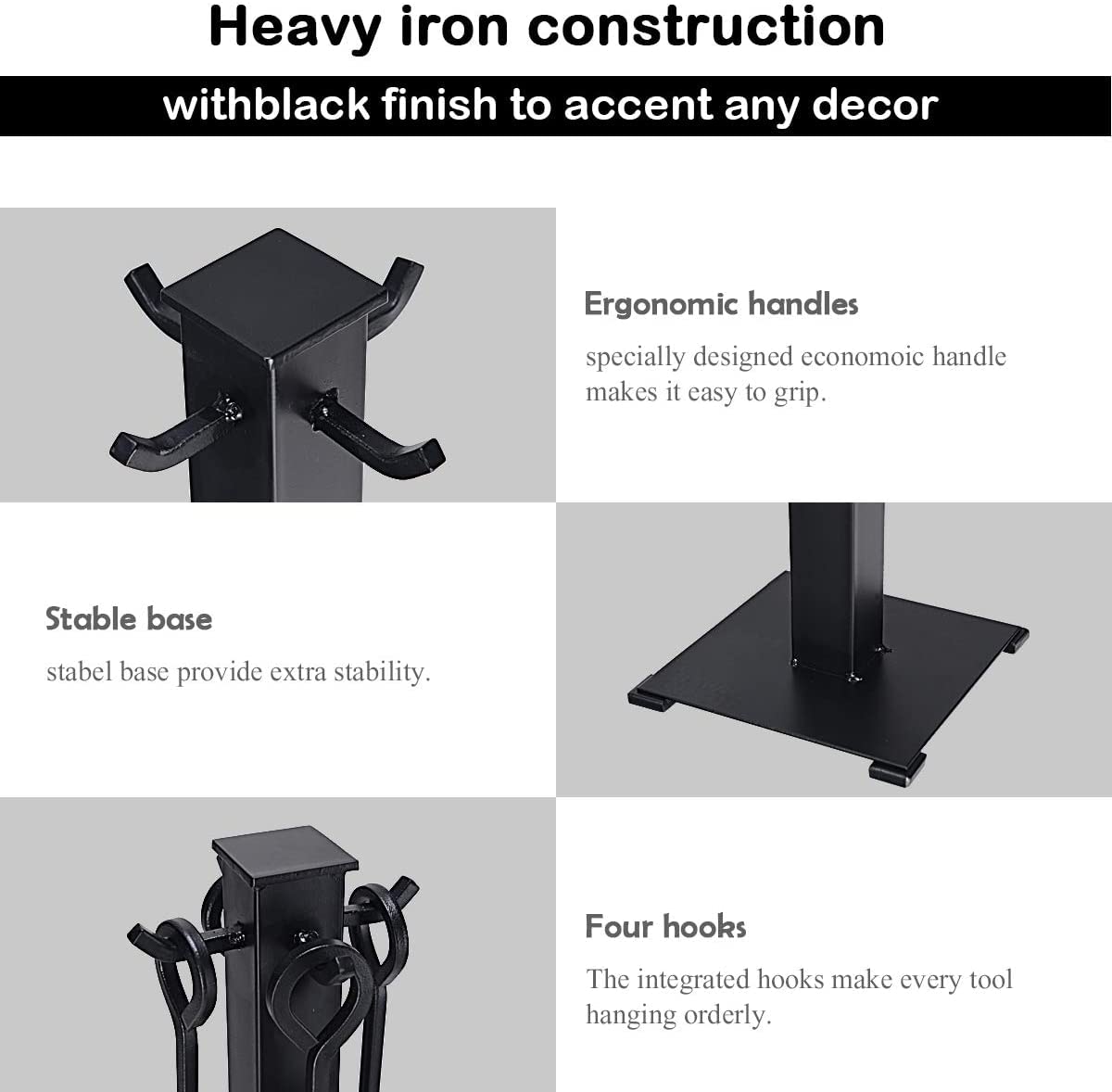 Hysache 5-Piece Fireplace Tool Set, Heavy Duty Wrought Iron Toolset w/Tong,Poker, Shovel, Brush, Indoor & Outdoor Hearth Wood Stove Firepit Accessories, Compact Fireplace Tool Set