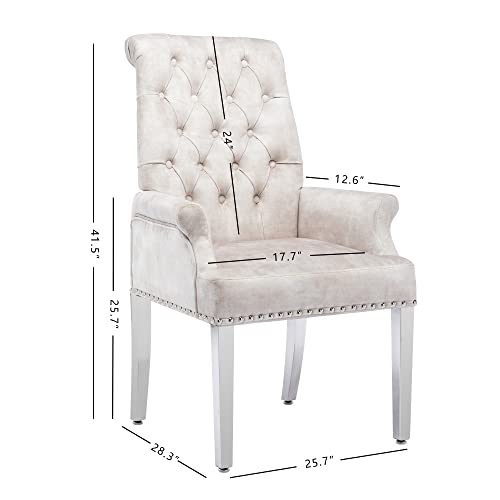 GATOSIG Tufted Velvet Upholstered Dining Chairs with Nailhead Trim, Stainless Steel Leg for Kitchen/Bedroom/Dining Room (Beige)