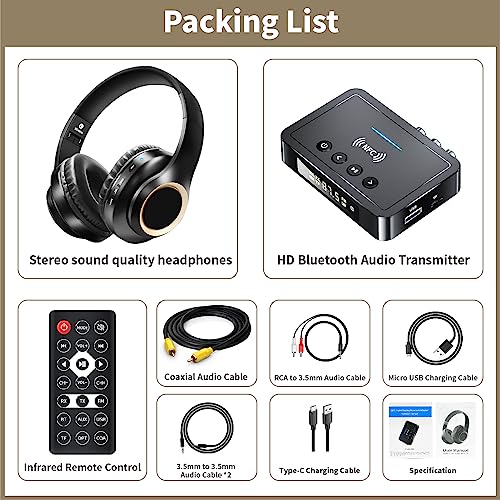 cwuiga Wireless Headphones for TV Watching with Bluetooth 5.3 Transmitter 100 Ft Long Range 35 Hours No Delay Over-Ear Television Headphones Wireless for Seniors Digital 3.5mm AUX RCA Optical Coaxial