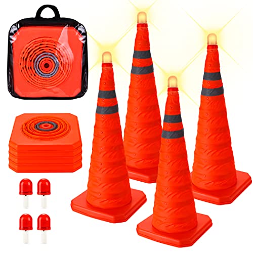 Cartman 4 Pack 28 Inch Collapsible Traffic Cones with LED Light, Multi Purpose Pop up Reflective Safety Cones, Pack of 4, Battery Included