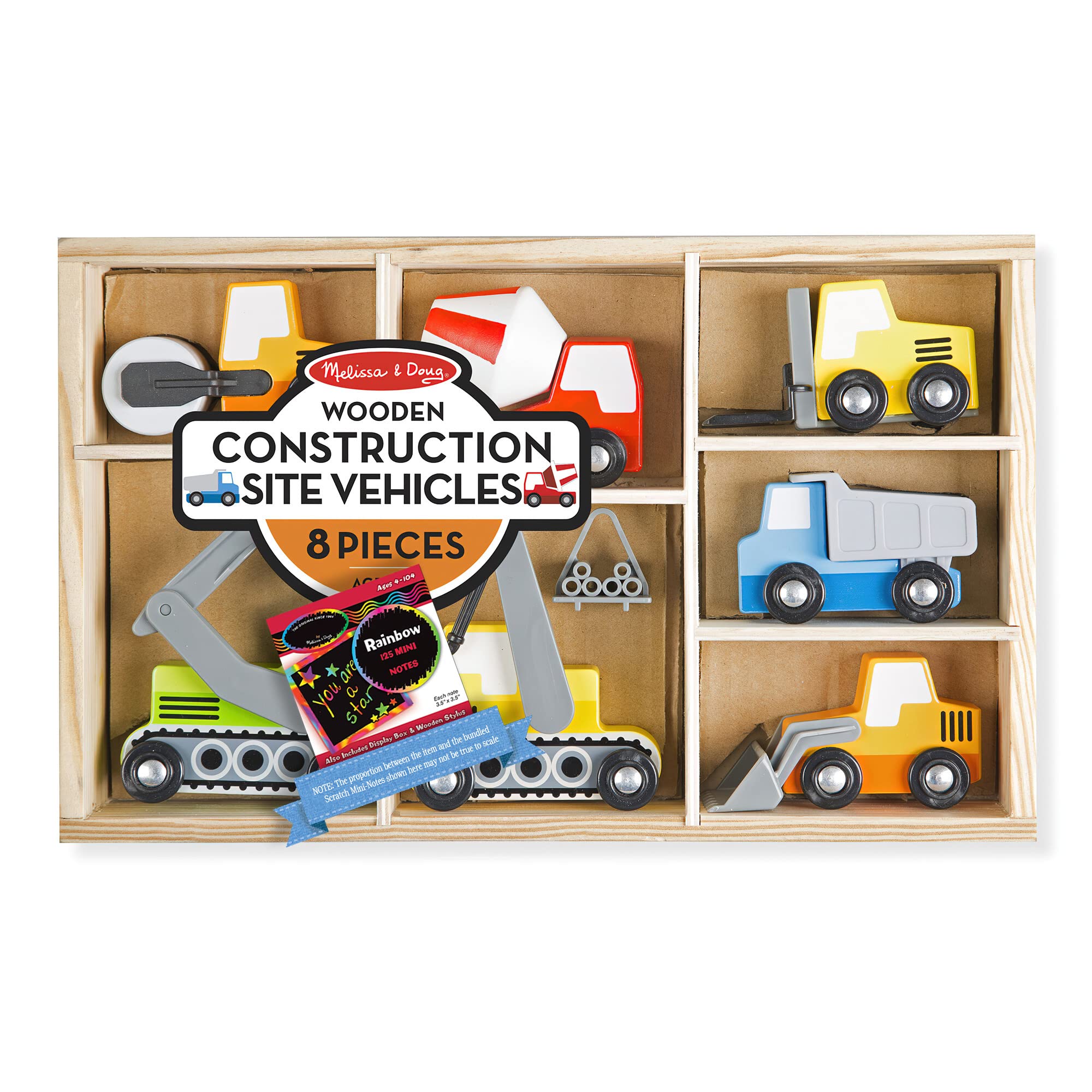 Melissa & Doug Construction Site Vehicles: Wooden Vehicle Bundle with 1 Theme Compatible M&D Scratch Fun Mini-Pad (03180)